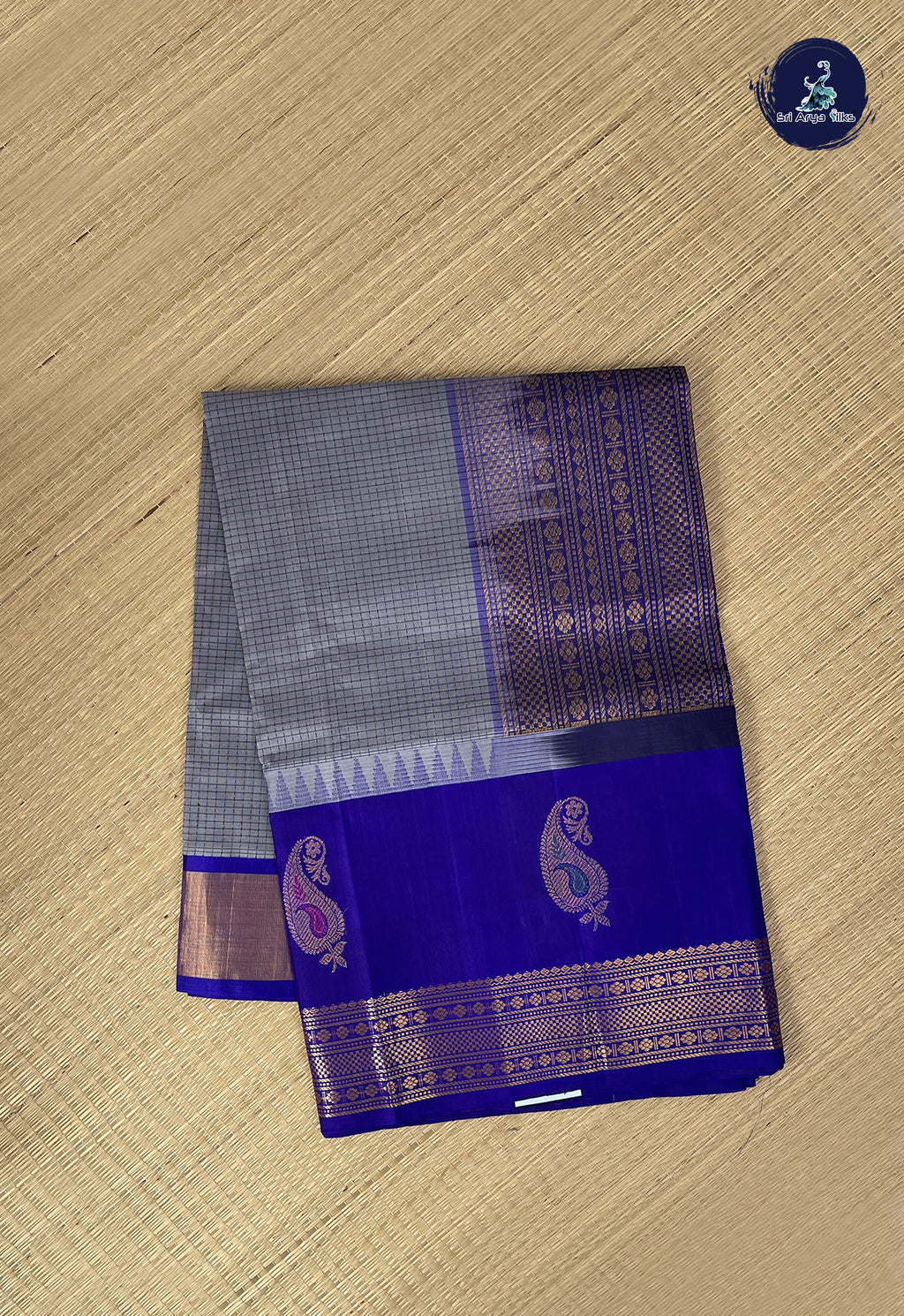 Grey Checked Saree With Checked Pattern - Sri Arya Silks