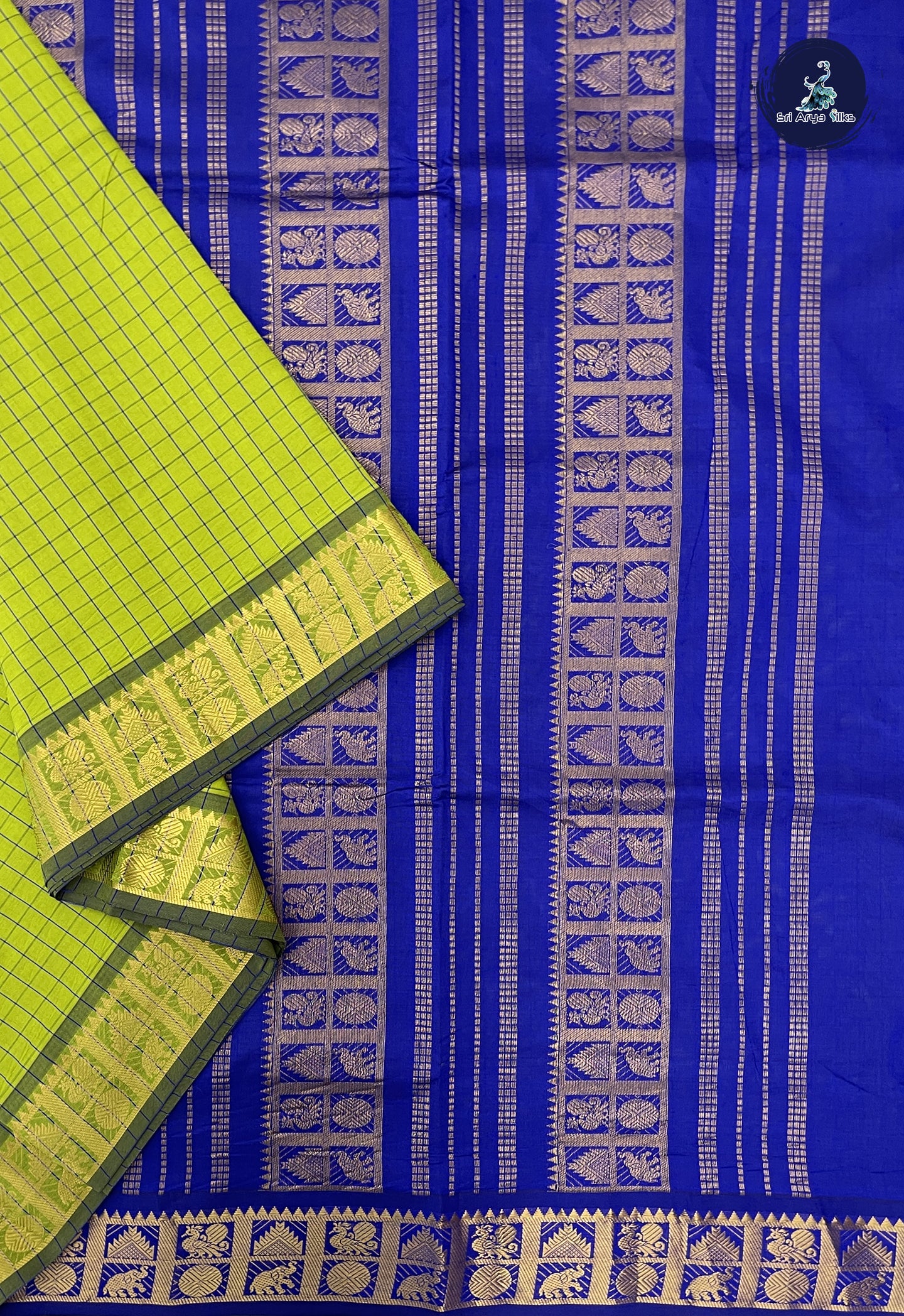 Lime Green Madisar Semi Silk Cotton Saree With Checked Pattern - Sri ...