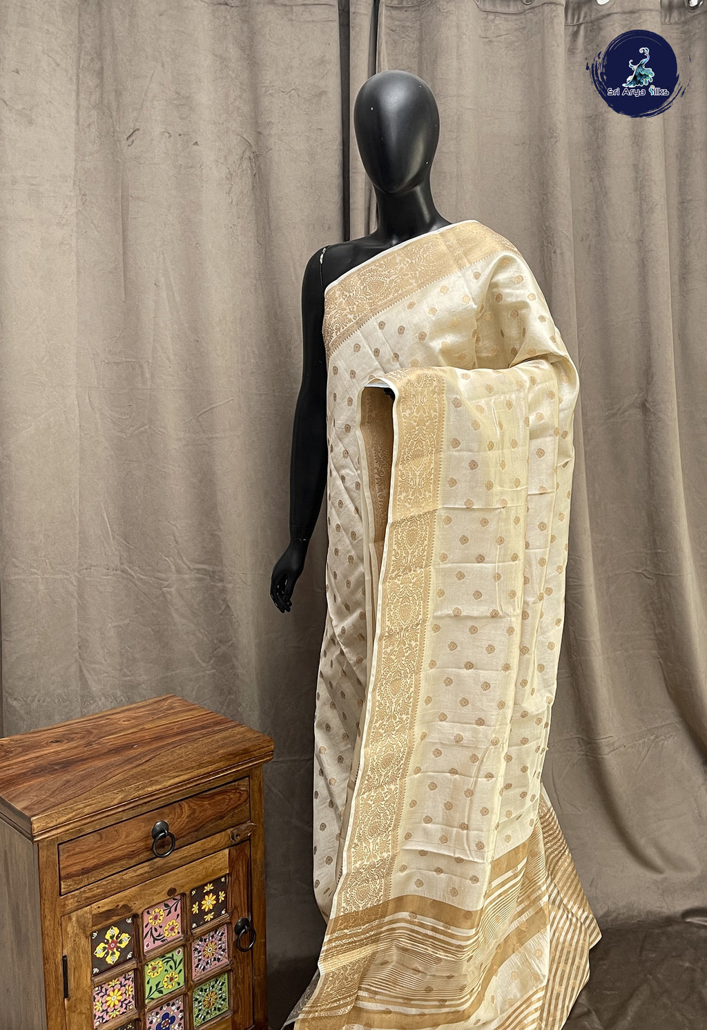 Ivory Semi Tussar Saree With Zari Buttas Pattern - Sri Arya Silks