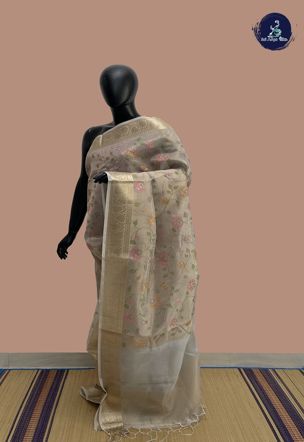 Ivory Tissue Banarasi Saree With Embroidery Pattern - Sri Arya Silks