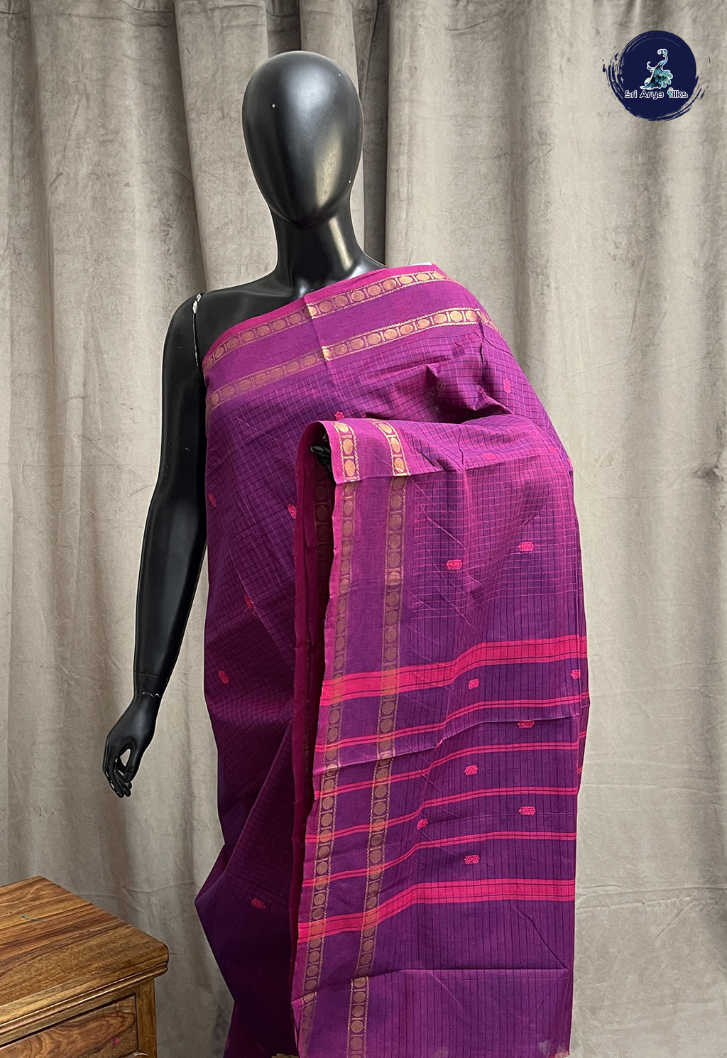 BeetRoot Shade Chettinad Cotton Saree With Checked Pattern - Sri Arya Silks