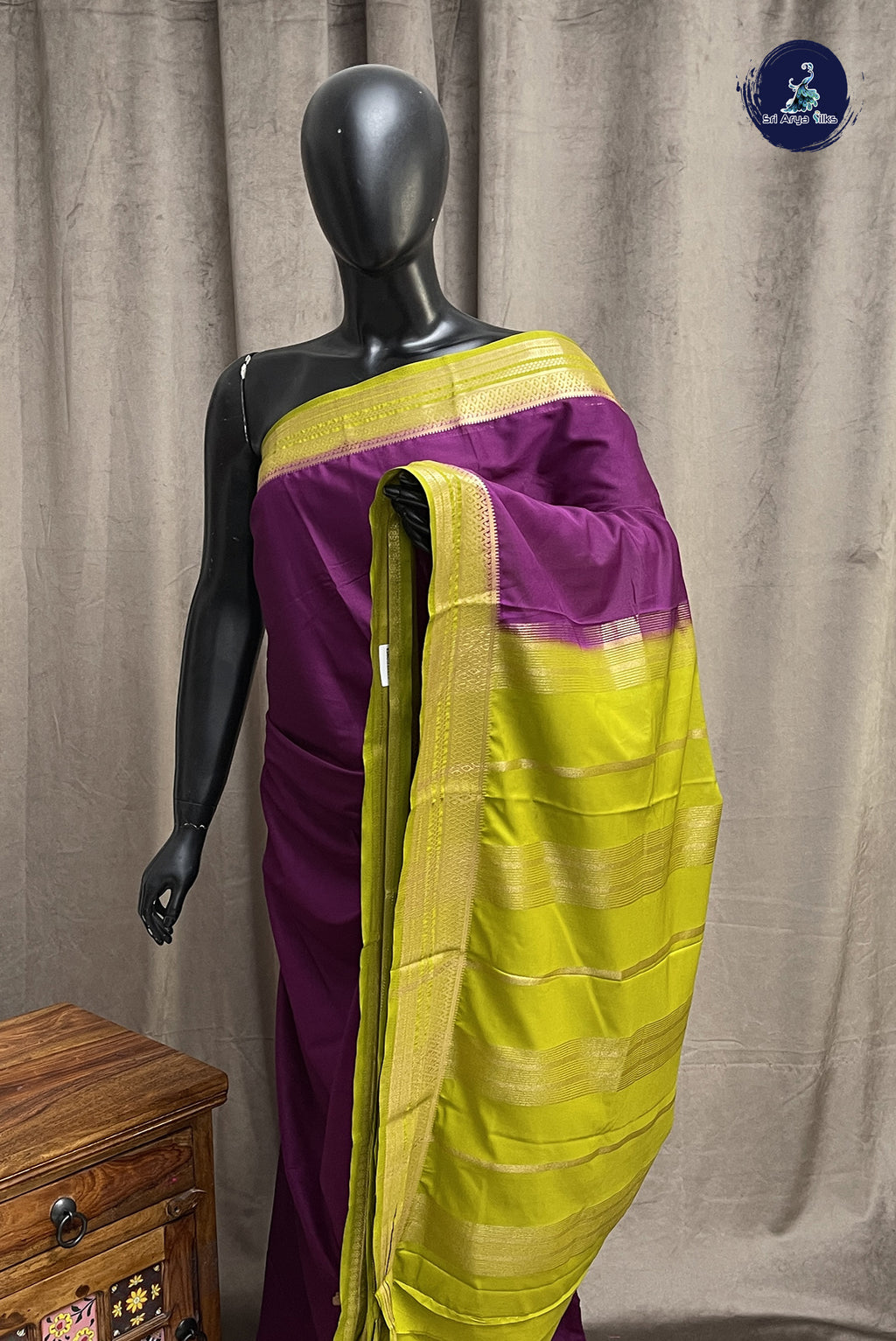Dark Brinjal Semi Mysore Silk With Plain Pattern - Sri Arya Silks
