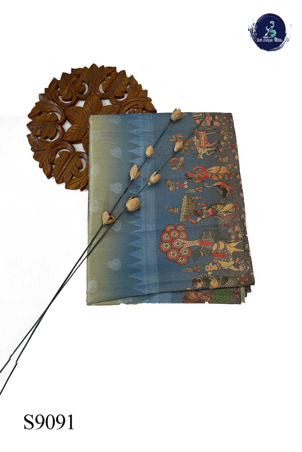 Elaichi Green Tissue Banarasi Saree With Kalamkari Pattern - Sri Arya Silks