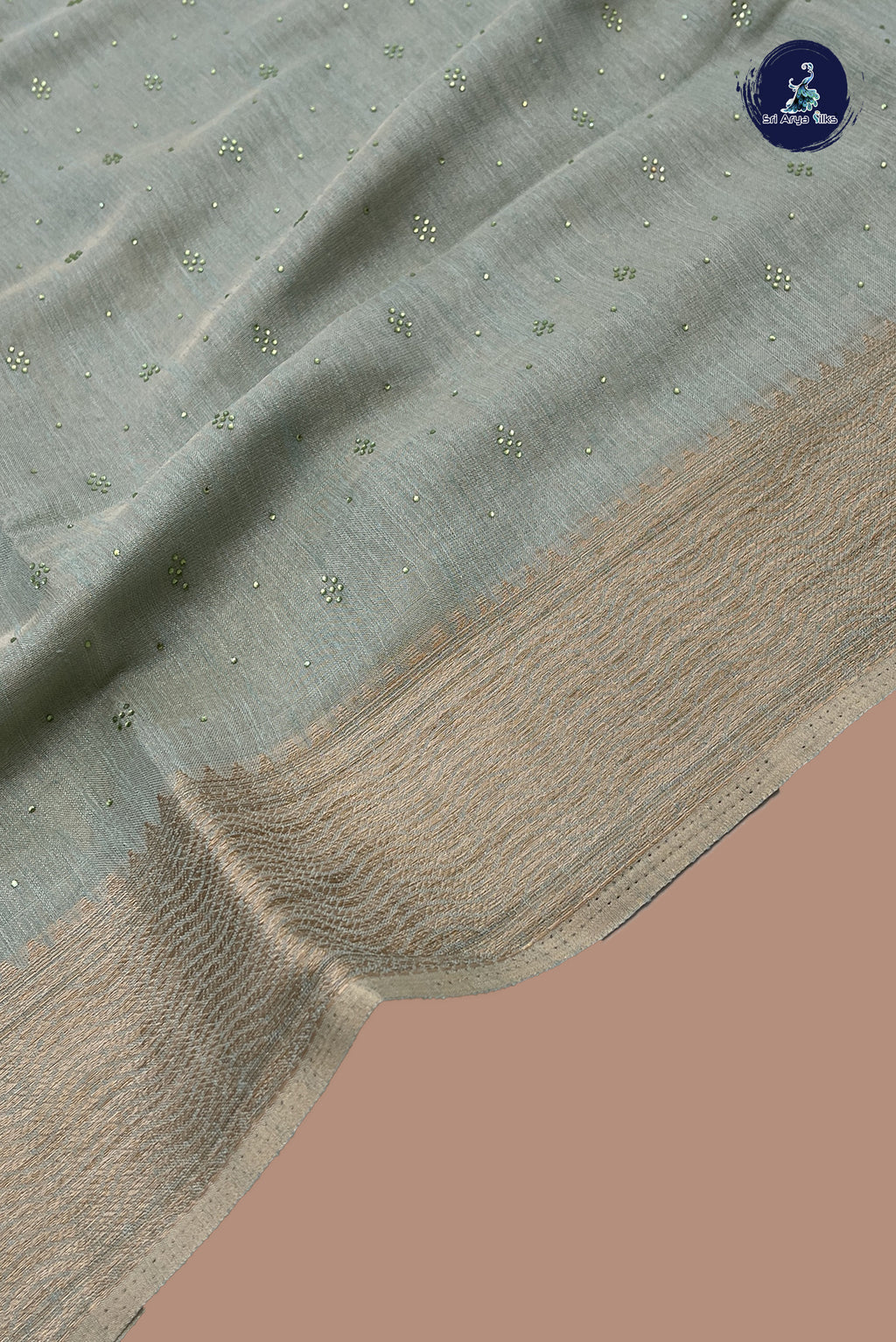 Pastel Green Linen Saree With Stone Work Pattern - Sri Arya Silks